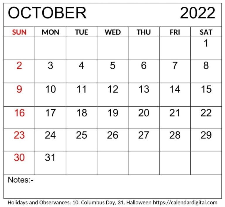 October 2022 Calendar Printable Portrait Templates