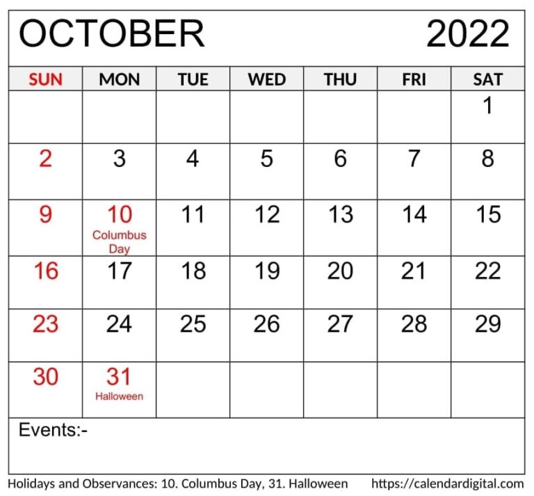 October 2022 Calendar With Holidays Printable