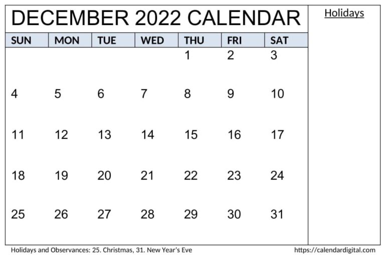 December 2022 Calendar with Holidays - Calendar Digital