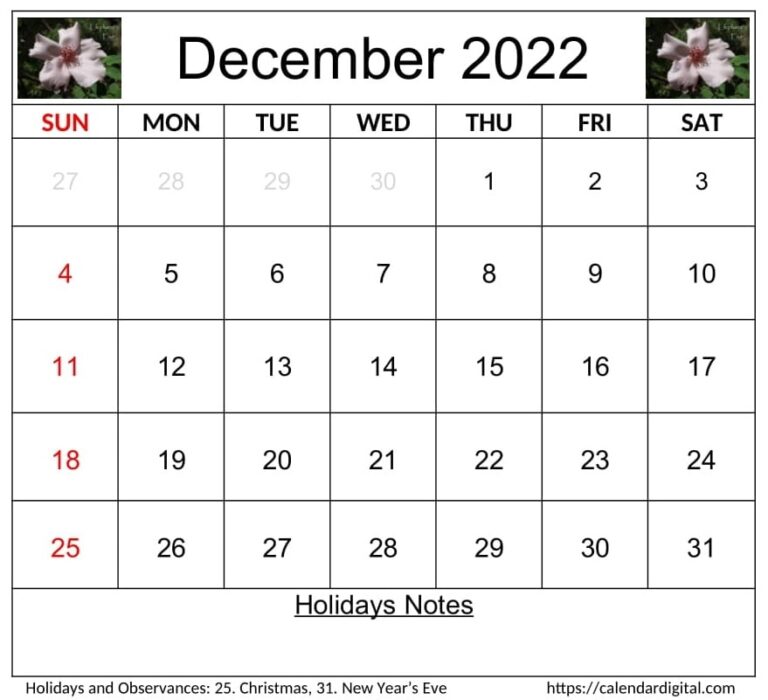 December 2022 Calendar with Holidays - Calendar Digital