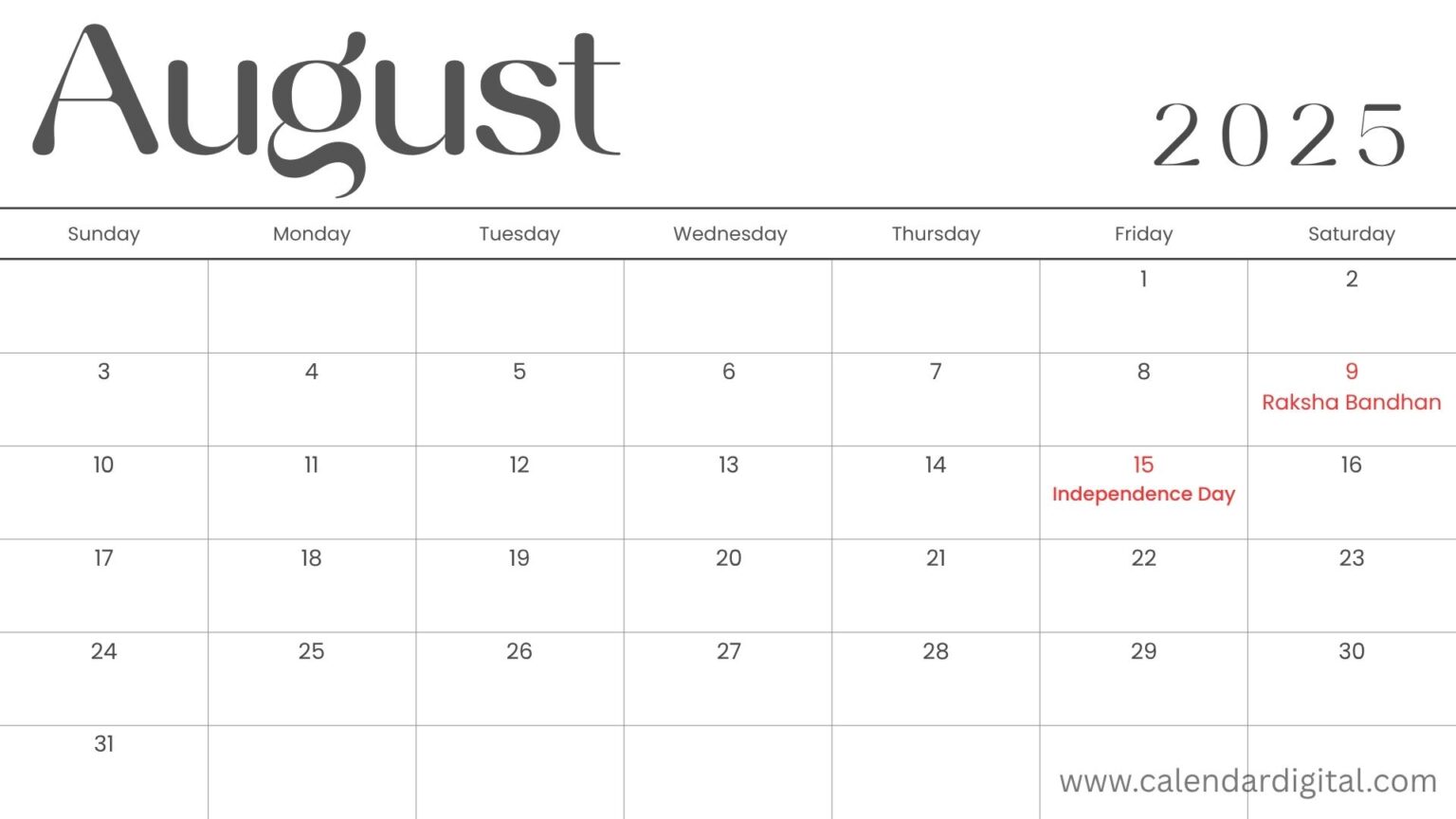 August Calendar 2025 with Holidays Printable PDF