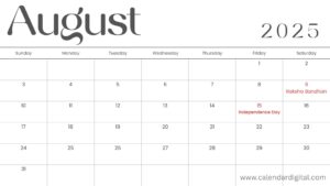 August Calendar 2025 with Holidays Printable PDF