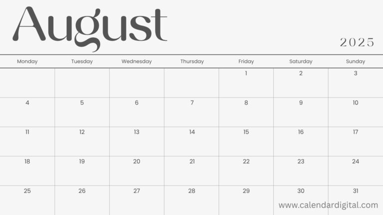 August Calendar 2025 with Holidays Printable PDF