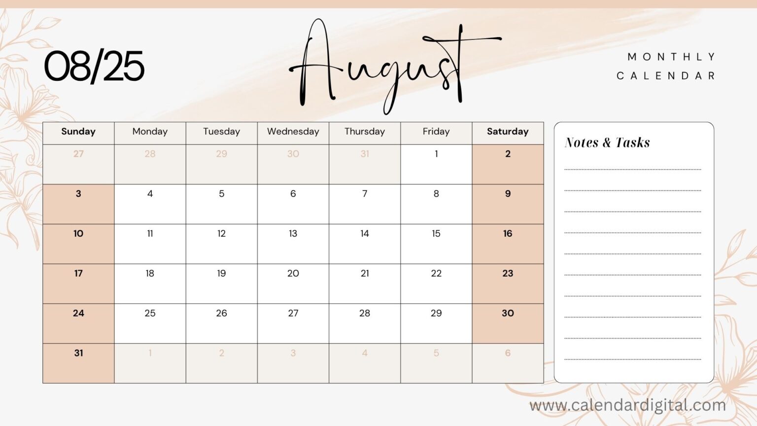 August Calendar 2025 with Holidays Printable PDF