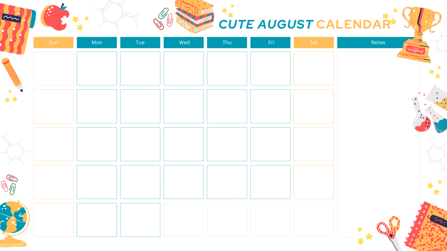 Cute August Calendar 2025 – Printable & Editable Templates