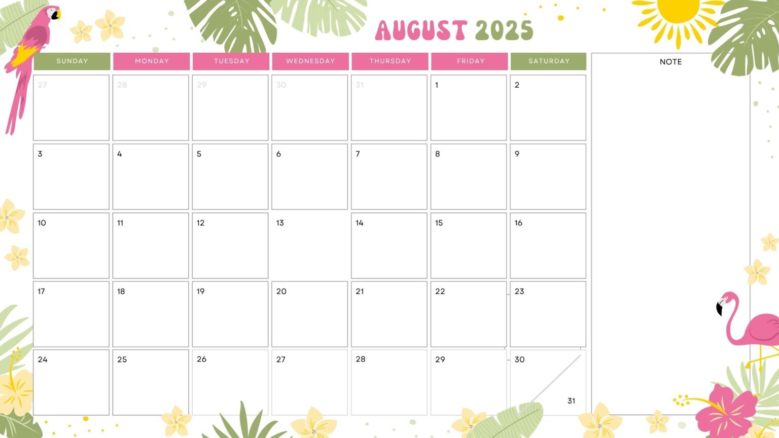 August Calendar 2025 with Holidays Printable PDF
