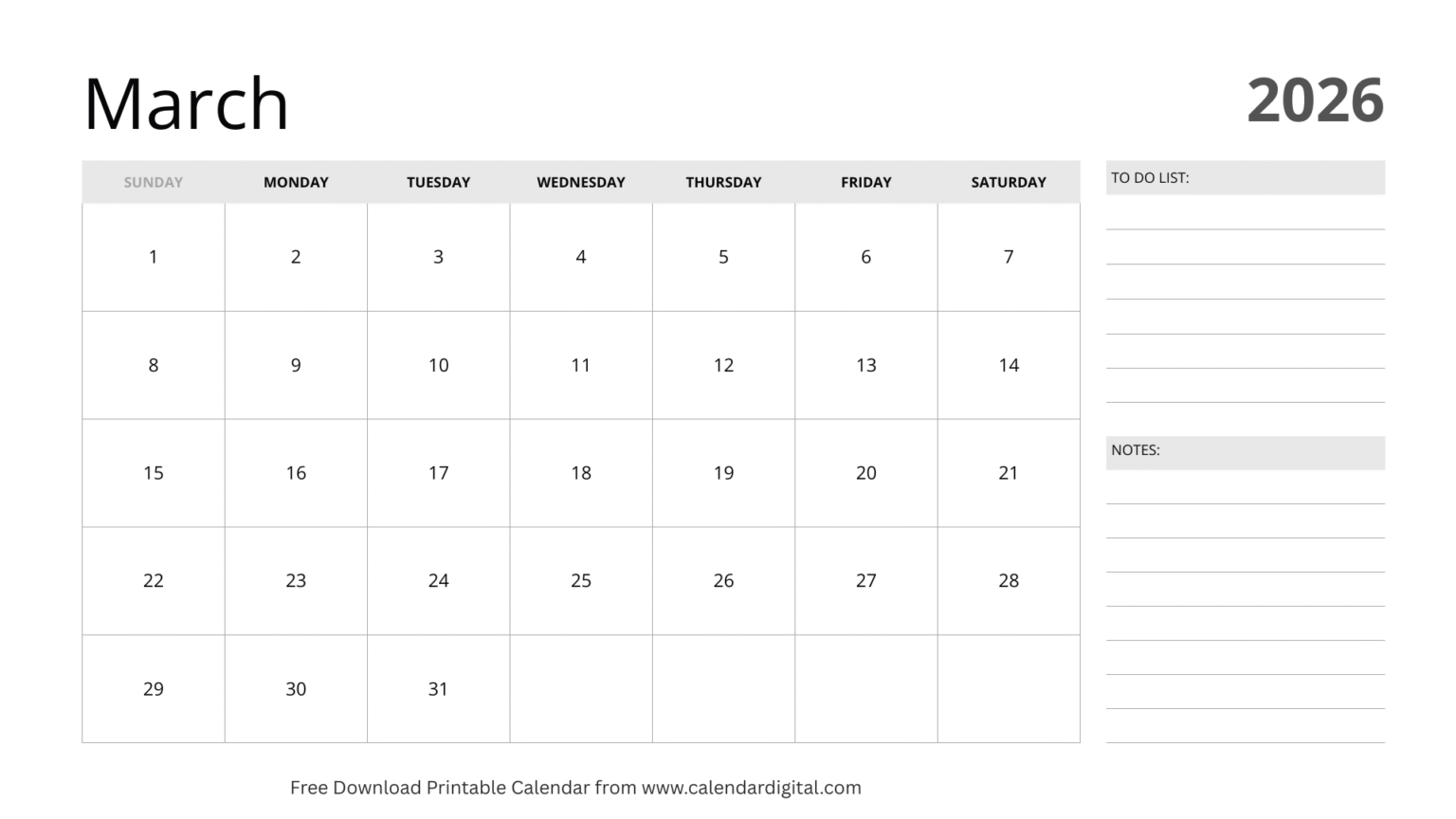 March 2026 Calendar | Printable & Free PDF Download